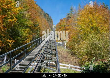 Funicular railway up to the Hallstatt mountain where the salt mine is ...