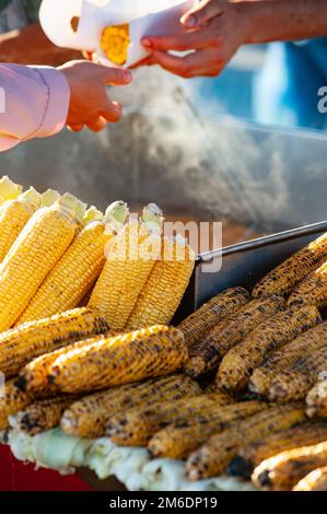 Misir. Corn on the cob a traditional Turkish street food being sold ...