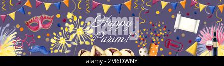 Purim horizontal banner with Haman ears, watercolor Hamantaschen ...