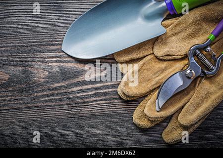 Hand spade secateurs safety gloves on wooden board agriculture concept ...
