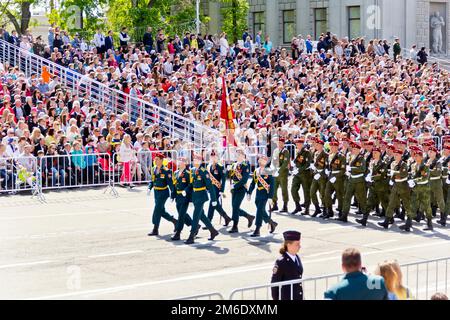 Samara, Russia - May 9: Russian soldiers march at the parade on annual ...