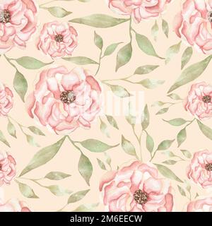 Watercolor hand drawn seamless peony garden with leaves branch pattern ...