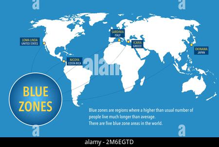 Map of the blue zones of longevity where people live longer than the ...
