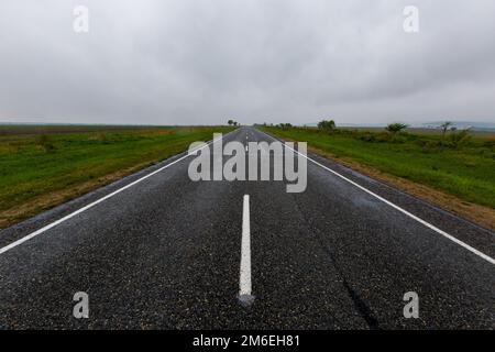 Asphalt road receding into the distance among green fields Stock Photo ...