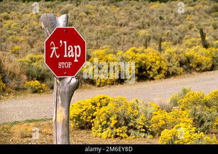 Bilingual Stop Sign in Okanagan Indian and English Languages in Oliver ...