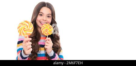 Teenager girl eating sugar lollypop. Candy and sweets for kids. Child ...