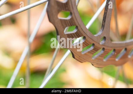 Hydraulic bicycle disk brakes, grey metal disc attached to bike wheel ...