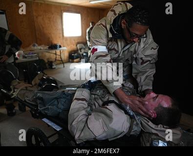 An Airman from the 633d Medical Group medically process simulated ...