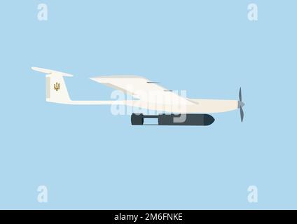 illustration of cartoon military drone with ukrainian trident symbol on ...