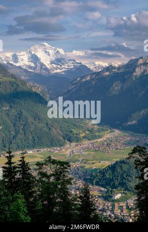 Aerial view of Interlaken and Swiss Alps from Harder Kulm View point ...