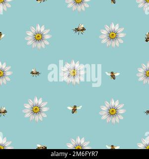 Seamless pattern with daisies and bees. Watercolor illustration. For ...
