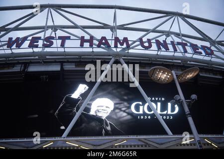 A tribute to David Gold on display on a TV screen at the London Stadium ...