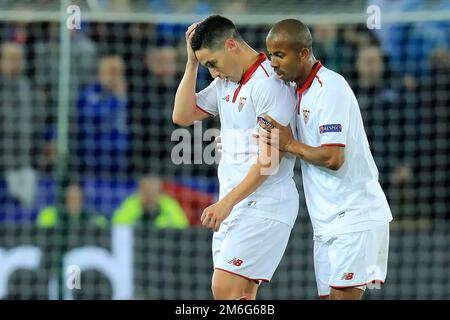 Samir Nasri of Sevilla is man handled off the pitch by his team mates ...