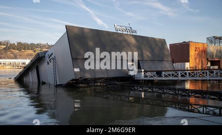 Belgrade, Serbia, Jan 01, 2023: Freestyler, a floating club on the Sava ...