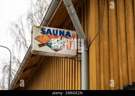 Rajaportin Sauna sign in Pispala district of Tampere, Finland Stock ...