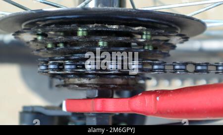 Close-up of a rear set of gear shifting sprockets on the rear wheel of ...