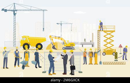 Construction site with excavator, architect and heavy truck Stock Photo ...
