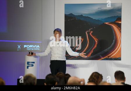 Dr. Thierry Rayna speaks during the Forvia presentation at the CES 2023 ...