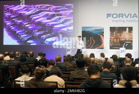 Dr. Thierry Rayna speaks during the Forvia presentation at the CES 2023 ...