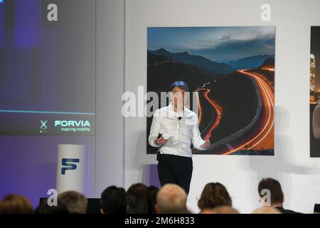 Dr. Thierry Rayna speaks during the Forvia presentation at the CES 2023 ...