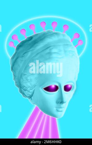 Colorful funky poster with unusual weird alien with huge glowing eyes ...