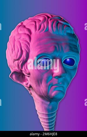 Colorful funky poster with unusual weird alien with huge glowing eyes ...