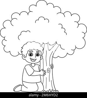 Boy Hugging a Tree Coloring Page Illustration Stock Vector Image & Art ...