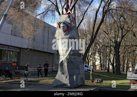DNIPRO, UKRAINE - JANUARY 04, 2023 - The monument to a Soviet soldier ...