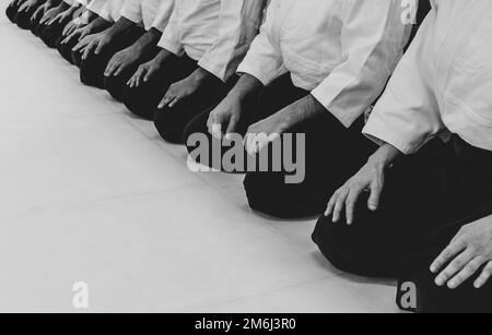 People practicing aikido martial art in a dojo background. Seiza ...