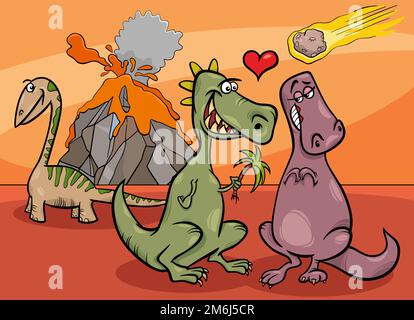 Funny dinosaurs with volcano eruption, vector cartoon, coloring book or ...