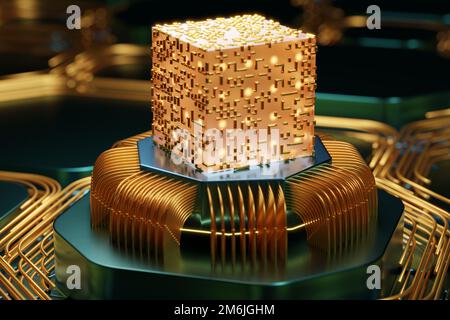 Quantum processor with outgoing tube. Abstract technological background from blocks.Quantum ...