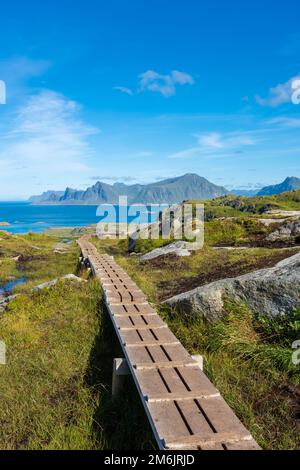 Hiking trail of Mount Ryten to go to Kvalvika Beach in the Lofoten ...
