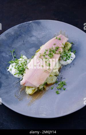 Modern style traditional smoked rainbow trout with boiled potato salad ...