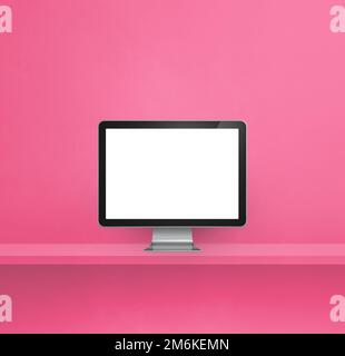Computer pc - pink wall shelf. Vertical background. 3D Illustration ...