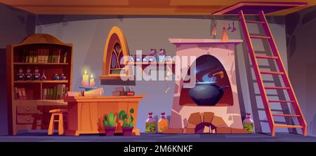 Medieval dungeon room with cauldron in stove. Vector cartoon ...