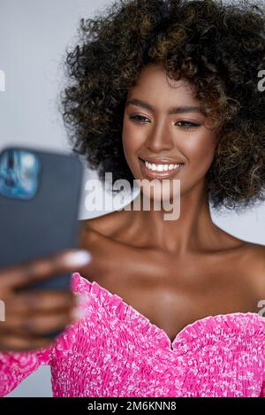 Photo of charming cheerful lady make selfie recording video toothy ...