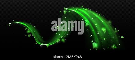 Freshness effect, green air, wind flow with green leaves. Glow vortex ...