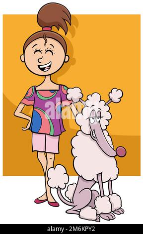 Cartoon teen girl with poodle dog character coloring page Stock Photo ...