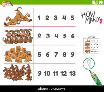 How many cartoon dogs counting game coloring page Stock Photo - Alamy