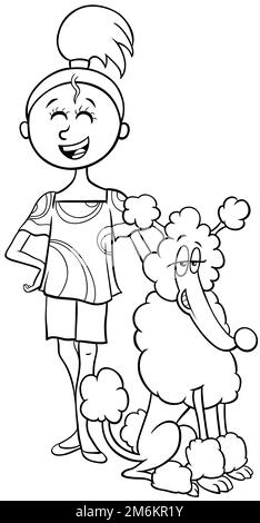 Cartoon girl with dog character coloring page Stock Photo - Alamy