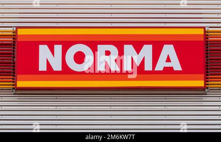 Advertising and company sign of the discounter NORMA Stock Photo - Alamy