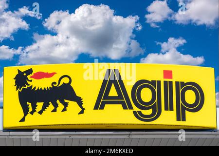 Advertising sign of the company AGIP on their gas station Stock Photo ...