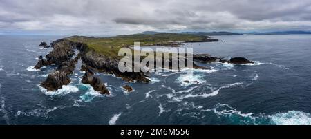 Panorama drone view of Malin Head and the northernmost point of Ireland ...