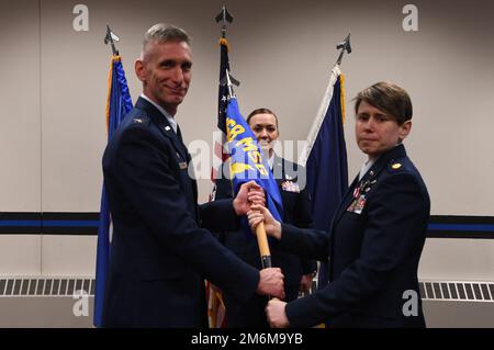 Maj. Sara Kerr, outgoing 168th Force Support Squadron commander, speaks ...