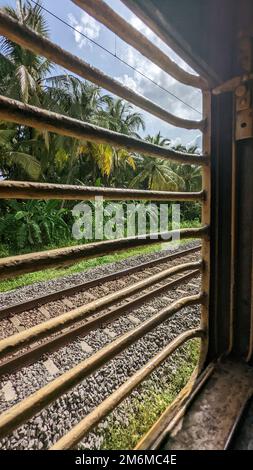 view of the nature through a train window while travelling along the ...