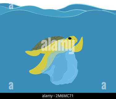 Turtle stuck with plastic trash cartoon sticker illustration Stock ...