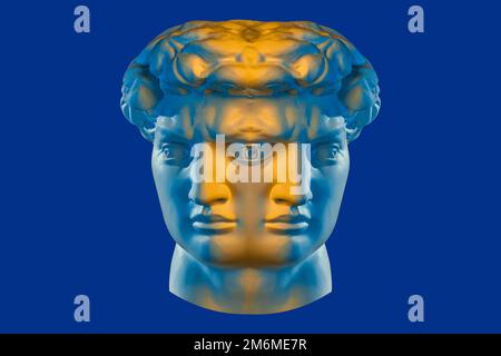 Poster with antique sculpture of male double face in game style. Modern ...