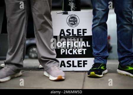 Aslef members on a picket line at Euston station in London, as part of ...