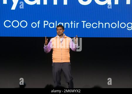 Palantir COO Shyam Sankar speaks during the CES 2023 media day at ...