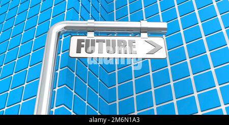 Future road sign with blue building, 3d rendering Stock Photo - Alamy